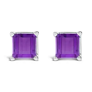 HAUS OF BRILLIANCE 14k Gold Gemstone Princess-cut Stud Earrings - Purple Amethyst | White